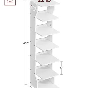 VASAGLE 7 Tier Vertical Shoe Rack, Narrow Shoe Storage Organizer with Hooks, Slim Wooden Corner Shoe Tower Rack, Robust and Durable, Space Saving for Entryway and Bedroom, White ULBS200T14