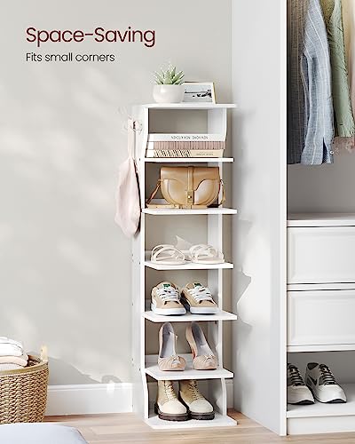 VASAGLE 7 Tier Vertical Shoe Rack, Narrow Shoe Storage Organizer with Hooks, Slim Wooden Corner Shoe Tower Rack, Robust and Durable, Space Saving for Entryway and Bedroom, White ULBS200T14