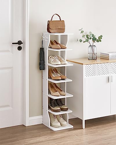 VASAGLE 7 Tier Vertical Shoe Rack, Narrow Shoe Storage Organizer with Hooks, Slim Wooden Corner Shoe Tower Rack, Robust and Durable, Space Saving for Entryway and Bedroom, White ULBS200T14