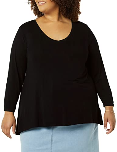 Amazon Essentials Women's 3/4 Sleeve V-Neck Swing T-Shirt (Available in Plus Size), Pack of 2, Black, 3X