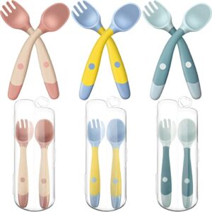 toddler utensils baby spoons and forks set with case bendable self feeding training flatware silicone spoon fork for kids babies children handle toddler set, green, pink, yellow (3 sets)