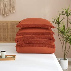 Smoofy Comforter Set Queen Size Terracotta 3 Pcs Boho Fringe Tufted Soft Microfiber Bedding Sets, Tassel Burnt Orange Comforter Sets for All Season (1 Comforter + 2 Pillowcases)