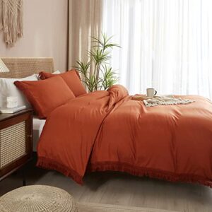 Smoofy Comforter Set Queen Size Terracotta 3 Pcs Boho Fringe Tufted Soft Microfiber Bedding Sets, Tassel Burnt Orange Comforter Sets for All Season (1 Comforter + 2 Pillowcases)