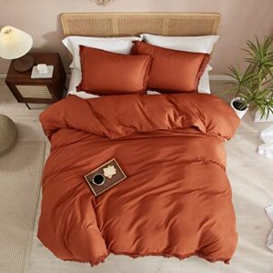 Smoofy Comforter Set Queen Size Terracotta 3 Pcs Boho Fringe Tufted Soft Microfiber Bedding Sets, Tassel Burnt Orange Comforter Sets for All Season (1 Comforter + 2 Pillowcases)