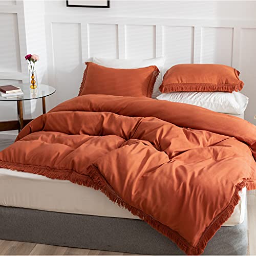 Smoofy Comforter Set Queen Size Terracotta 3 Pcs Boho Fringe Tufted Soft Microfiber Bedding Sets, Tassel Burnt Orange Comforter Sets for All Season (1 Comforter + 2 Pillowcases)