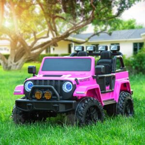 Joywhale 24V 2 Seater Kids Ride on Car Truck 4WD Battery Powered Motorized Easy-Drag Truck, with 4x75W Powerful Engine, Soft Braking, Remote Control, Suspension & Free Car Cover, 2023 New Model, Pink