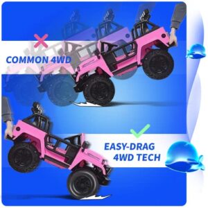 Joywhale 24V 2 Seater Kids Ride on Car Truck 4WD Battery Powered Motorized Easy-Drag Truck, with 4x75W Powerful Engine, Soft Braking, Remote Control, Suspension & Free Car Cover, 2023 New Model, Pink