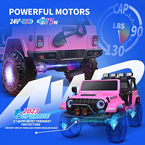 Joywhale 24V 2 Seater Kids Ride on Car Truck 4WD Battery Powered Motorized Easy-Drag Truck, with 4x75W Powerful Engine, Soft Braking, Remote Control, Suspension & Free Car Cover, 2023 New Model, Pink