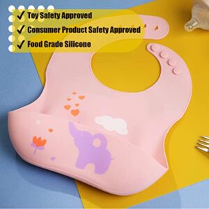 myHomeBody Waterproof Baby Bibs, Baby Bib Catcher, Baby Bib with Food Catcher, Baby Bibs Reusable, Cute Baby Bibs Silicone, Pink Elephant, 1pc