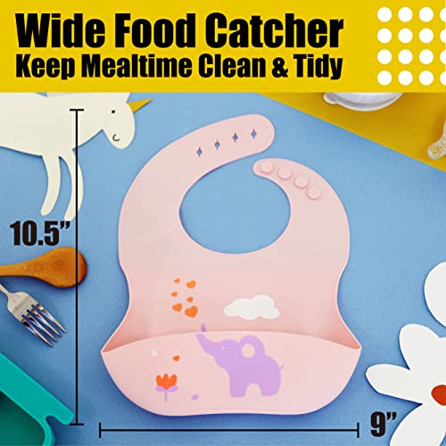 myHomeBody Waterproof Baby Bibs, Baby Bib Catcher, Baby Bib with Food Catcher, Baby Bibs Reusable, Cute Baby Bibs Silicone, Pink Elephant, 1pc