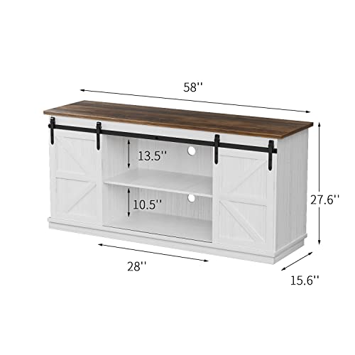 ZPK Farmhouse TV Stand for 65 Inch TV, Modern Television Stands Mid Century Media Entertainment Center with Sliding Barn Doors and Storage Cabinets, Console Table for Living Room, Bedroom (White)