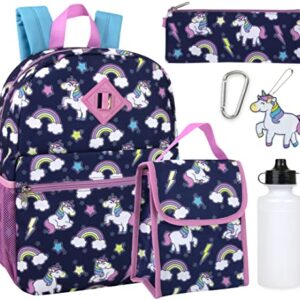 Trail maker Girl's 6 in 1 Backpack With Lunch Bag, Pencil Case, Keychain, and Accessories (Electric Unicorns)