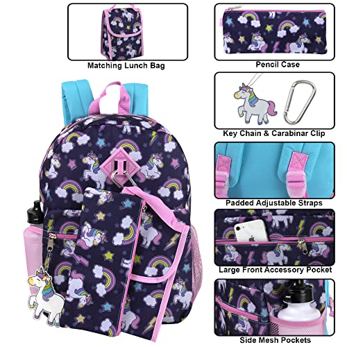 Trail maker Girl's 6 in 1 Backpack With Lunch Bag, Pencil Case, Keychain, and Accessories (Electric Unicorns)