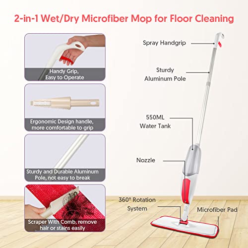 Microfiber Spray Mop for Floor Cleaning with 3pcs Washable Pads Wood Floor Mop with 550ML Bottle Home or Commercial Use Dry Wet Flat Mop for Kitchen Hardwood Laminate Ceramic Tile