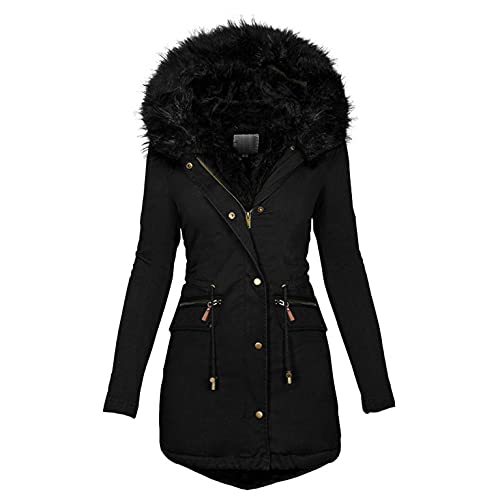 LUGOGNE Womens Winter Coats Casual Warm Thick Jacket Big Fur Collar Zip Up Hoodie Padded Fleece Oversized Jackets B-Black