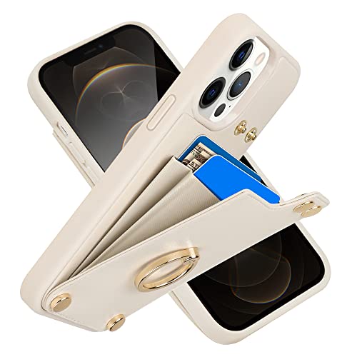 LAMEEKU for iPhone 12 Pro/iPhone 12 Wallet Case 6.1'', Leather Case with Card Holder, 360°Rotation Ring Stand, RFID Blocking Protective Case for Women for Apple iPhone 12 / iPhone 12 Pro Beige