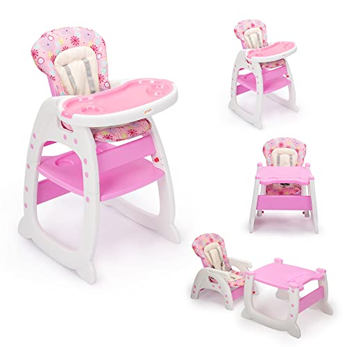 SANDINRAYLI Baby High Chair, Pink 3 in 1 Highchairs, Convertible Plastic Toddler Eating Chair with Tray, Portable Feeding Chair with 5-Point Harness