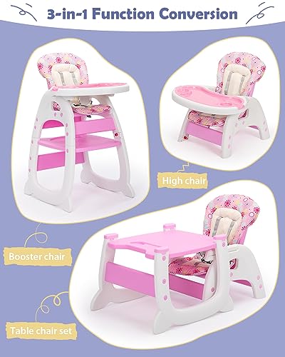 SANDINRAYLI Baby High Chair, Pink 3 in 1 Highchairs, Convertible Plastic Toddler Eating Chair with Tray, Portable Feeding Chair with 5-Point Harness