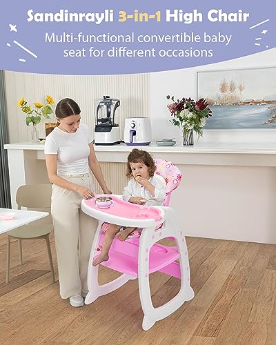 SANDINRAYLI Baby High Chair, Pink 3 in 1 Highchairs, Convertible Plastic Toddler Eating Chair with Tray, Portable Feeding Chair with 5-Point Harness