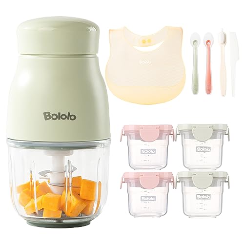 BOLOLO Baby Food Maker Set, Baby food mill, Food Processors Set for Baby Food, Fruit, Vegatable, Meat, 4 Baby Food Containers, 2 Silicone Spoons, Bib, cleaning set, One-touch blend directly