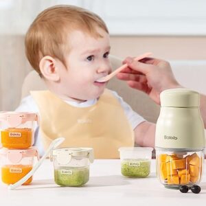 BOLOLO Baby Food Maker Set, Baby food mill, Food Processors Set for Baby Food, Fruit, Vegatable, Meat, 4 Baby Food Containers, 2 Silicone Spoons, Bib, cleaning set, One-touch blend directly