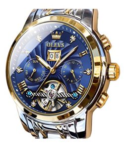 olevs men automatic watch skeleton 5 hands mechanical blue classic luxury multi calendar stainless steel waterproof wrist for