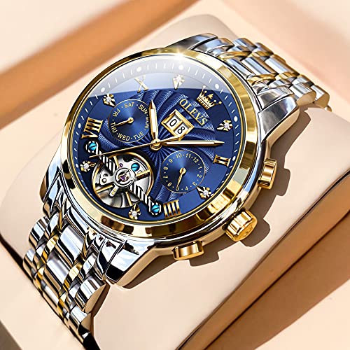 OLEVS Men Automatic Watch Skeleton 5 Hands Mechanical Blue Classic Luxury Multi Calendar Stainless Steel Waterproof Wrist for