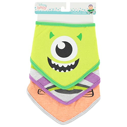 Disney Baby Unisex Bandana Bib 3-Pack - Baby Bibs Featuring Buzz Lightyear, Mike Wazowski & Marlin (Orange/Green/Grey, 0-12M)