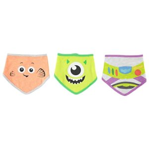 Disney Baby Unisex Bandana Bib 3-Pack - Baby Bibs Featuring Buzz Lightyear, Mike Wazowski & Marlin (Orange/Green/Grey, 0-12M)