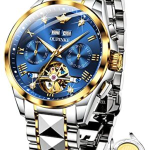 OUPINKE Mens Automatic Watch Blue Skeleton Mechanical Luxury Diamond Self Winding Dress Wrist Watches Sapphire Crystal Tungsten Steel Business Gifts