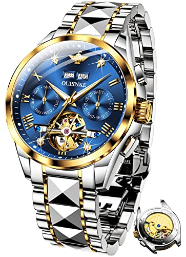 OUPINKE Mens Automatic Watch Blue Skeleton Mechanical Luxury Diamond Self Winding Dress Wrist Watches Sapphire Crystal Tungsten Steel Business Gifts