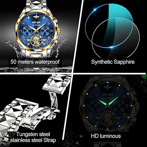 OUPINKE Mens Automatic Watch Blue Skeleton Mechanical Luxury Diamond Self Winding Dress Wrist Watches Sapphire Crystal Tungsten Steel Business Gifts