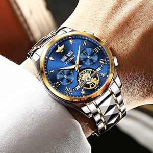 OUPINKE Mens Automatic Watch Blue Skeleton Mechanical Luxury Diamond Self Winding Dress Wrist Watches Sapphire Crystal Tungsten Steel Business Gifts