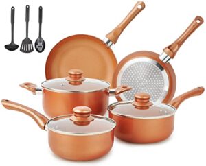 m melenta pots and pans set ultra nonstick, pre-installed 11pcs cookware set copper with ceramic coating, stay cool handle & nylon kitchen utensils, gas/induction compatible, 100% pfoa free