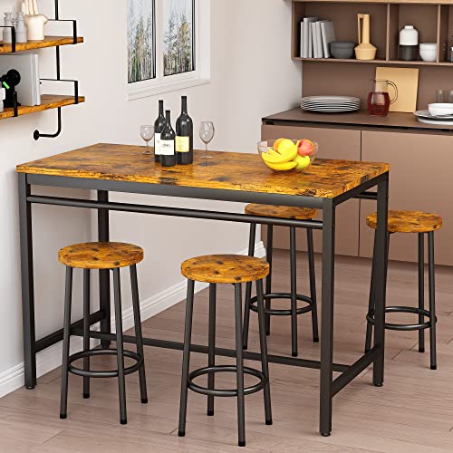 AWQM Bar Table Set, Kitchen Table and Chairs for 4, Industrial Counter Height Pub Dining Set with 4 Round Bar Stools, Heavy Duty Metal Frame, Rustic Brown and Black