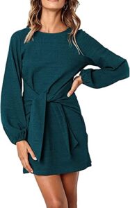 prettygarden women’s elegant long lantern sleeve short dress crewneck tie waist knit cocktail dress (lake blue, x-large)