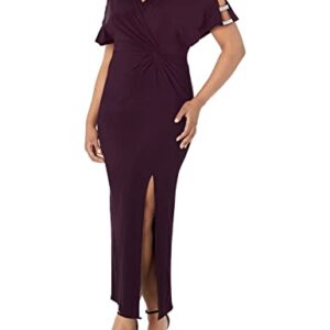 Alex Evenings Women's Long Knot Front Dress with Embellished Short Sleeve, Eggplant, 12