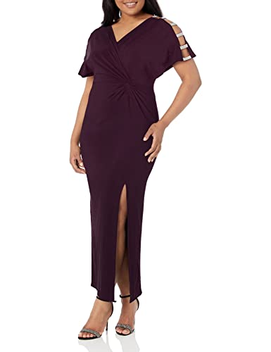 Alex Evenings Women's Long Knot Front Dress with Embellished Short Sleeve, Eggplant, 12