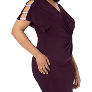 Alex Evenings Women's Long Knot Front Dress with Embellished Short Sleeve, Eggplant, 12