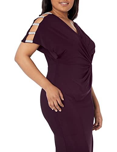 Alex Evenings Women's Long Knot Front Dress with Embellished Short Sleeve, Eggplant, 12