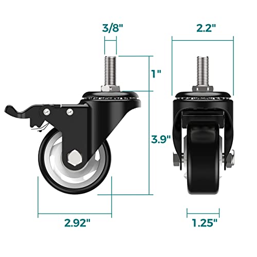 HOLKIE Caster Wheels 3 inch Total Locking Stem Casters, 3/8" -16 x 1" (Stem Diameter 3/8", Stem Length 1") Threaded Stem Casters Swivel Casters Set of 4 Heavy Duty Castors Black