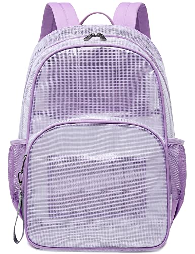 Mygreen Clear Transparent PVC School Backpack, Heavy Duty Clear Backpack with Laptop Compartment for Work, Security, Sporting Events (Purple, Large)