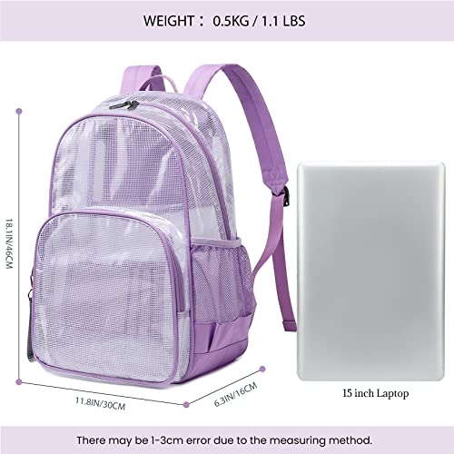 Mygreen Clear Transparent PVC School Backpack, Heavy Duty Clear Backpack with Laptop Compartment for Work, Security, Sporting Events (Purple, Large)