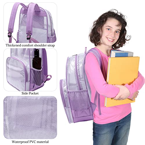 Mygreen Clear Transparent PVC School Backpack, Heavy Duty Clear Backpack with Laptop Compartment for Work, Security, Sporting Events (Purple, Large)