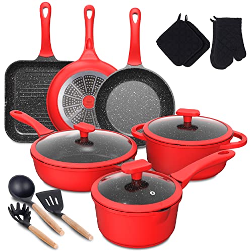 Pots and Pans Set, imarku 16-Piece Cookware Sets Nonstick Granite Coating, Induction Kitchen Cookware Easy to Clean, Cooking Pot Pan Set with Stay-Cool Handle, Kitchen Gadgets 2023 Red