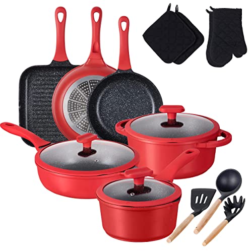 Pots and Pans Set, imarku 16-Piece Cookware Sets Nonstick Granite Coating, Induction Kitchen Cookware Easy to Clean, Cooking Pot Pan Set with Stay-Cool Handle, Kitchen Gadgets 2023 Red