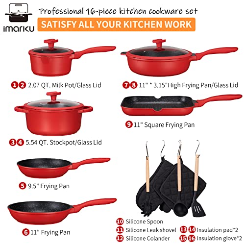 Pots and Pans Set, imarku 16-Piece Cookware Sets Nonstick Granite Coating, Induction Kitchen Cookware Easy to Clean, Cooking Pot Pan Set with Stay-Cool Handle, Kitchen Gadgets 2023 Red