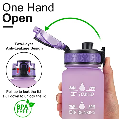 Kanglesdip 32 oz Large Water Bottle with Motivational Time Marker & Removable Strainer,Fast Flow BPA Free for Fitness, Gym and Outdoor Sports (Purple/Orange)