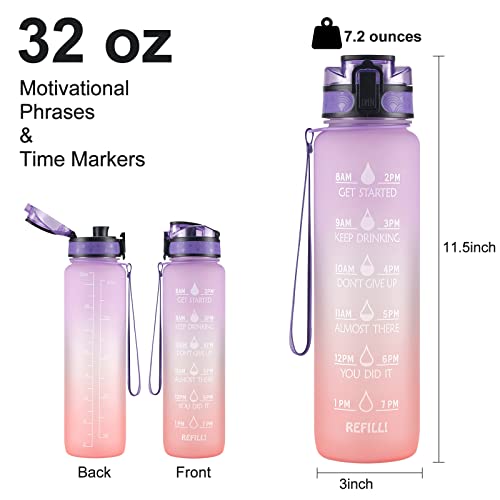 Kanglesdip 32 oz Large Water Bottle with Motivational Time Marker & Removable Strainer,Fast Flow BPA Free for Fitness, Gym and Outdoor Sports (Purple/Orange)