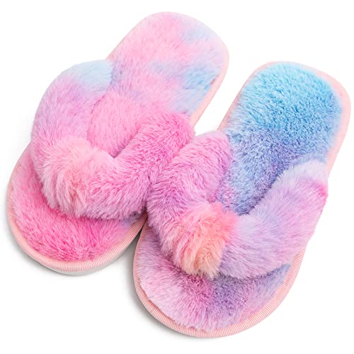 techcity Boys Girls Fuzzy Flip Flop Slippers Kids Cute Soft Comfy Open Toe Fluffy Slip On Thong Flat Sandals House Home Fur Slides Indoor Outdoor